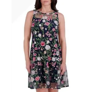 Kensie | Dresses | Kensie Navy Floral Embroidered Sheer Mesh Drop Waist ...